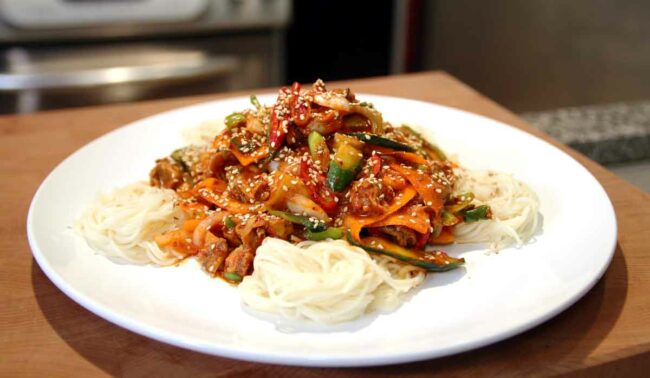 Spicy whelks with noodles (Golbaengi-muchim) recipe by Maangchi